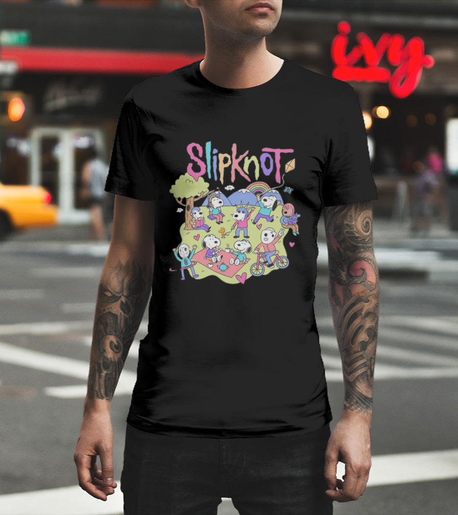 Snoopy Peanuts Characters Playing In Park With Slipknot T-Shirt