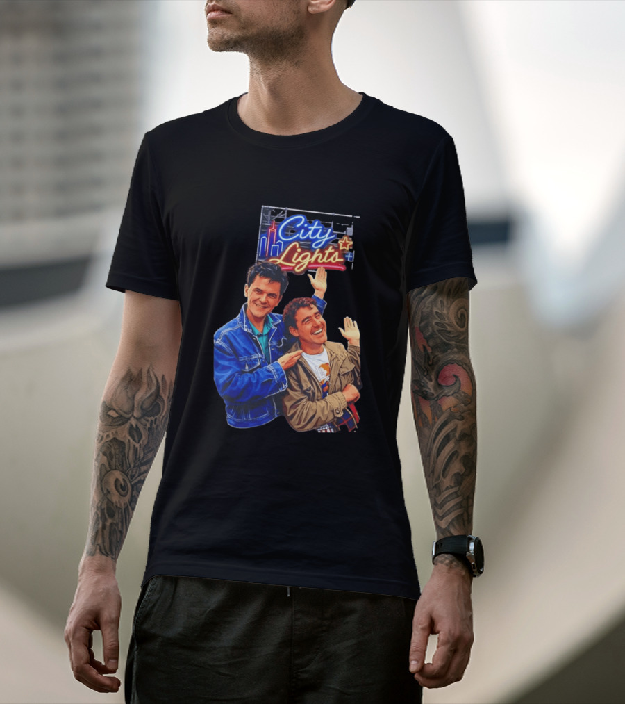 Two Men Smiling And Waving City Lights Neon Sign T-Shirt