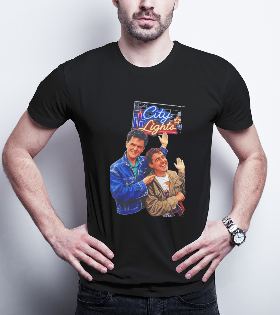 Two Men Smiling And Waving City Lights Neon Sign T-Shirt