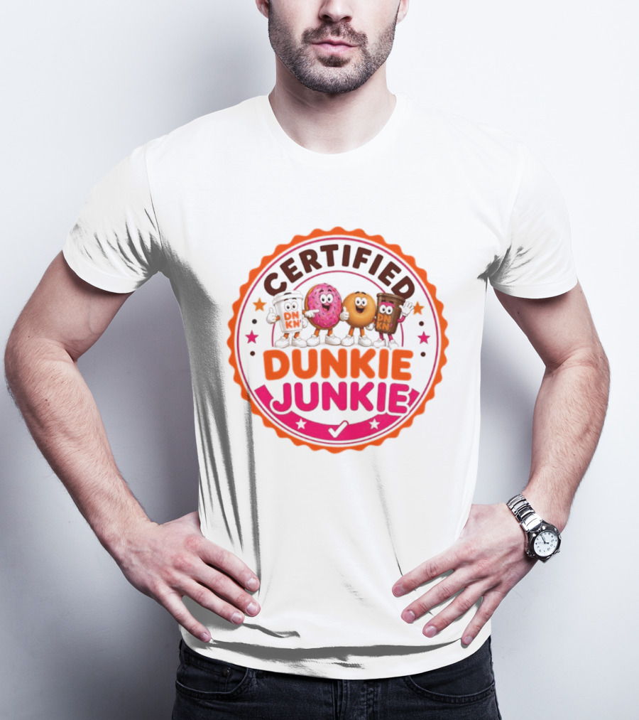 Certified Dunkie Junkie Characters Badge Coffee Donut Fun T-Shirt