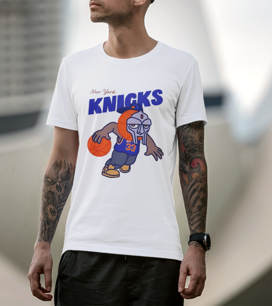 New York Knicks MF DOOM Basketball Mask Number 33 Dribbling T-Shirt