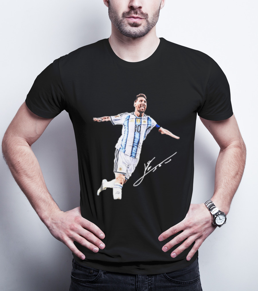 Lionel Messi 10 Argentina Jersey Signature Soccer Legend Celebration T-Shirt