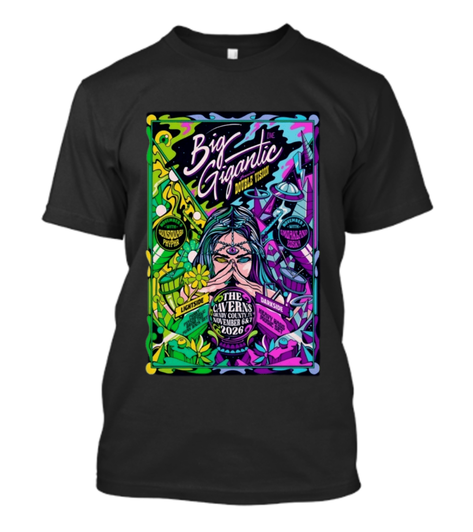 Big Gigantic Double Vision Live Nov 6 7 2026 The Caverns Pelham TN Sunsquabi Phyphr Smokeland Zoska T-Shirt