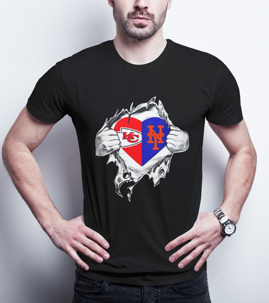 Kansas City Chiefs New York Mets Heart Torn Chest Combo T-Shirt