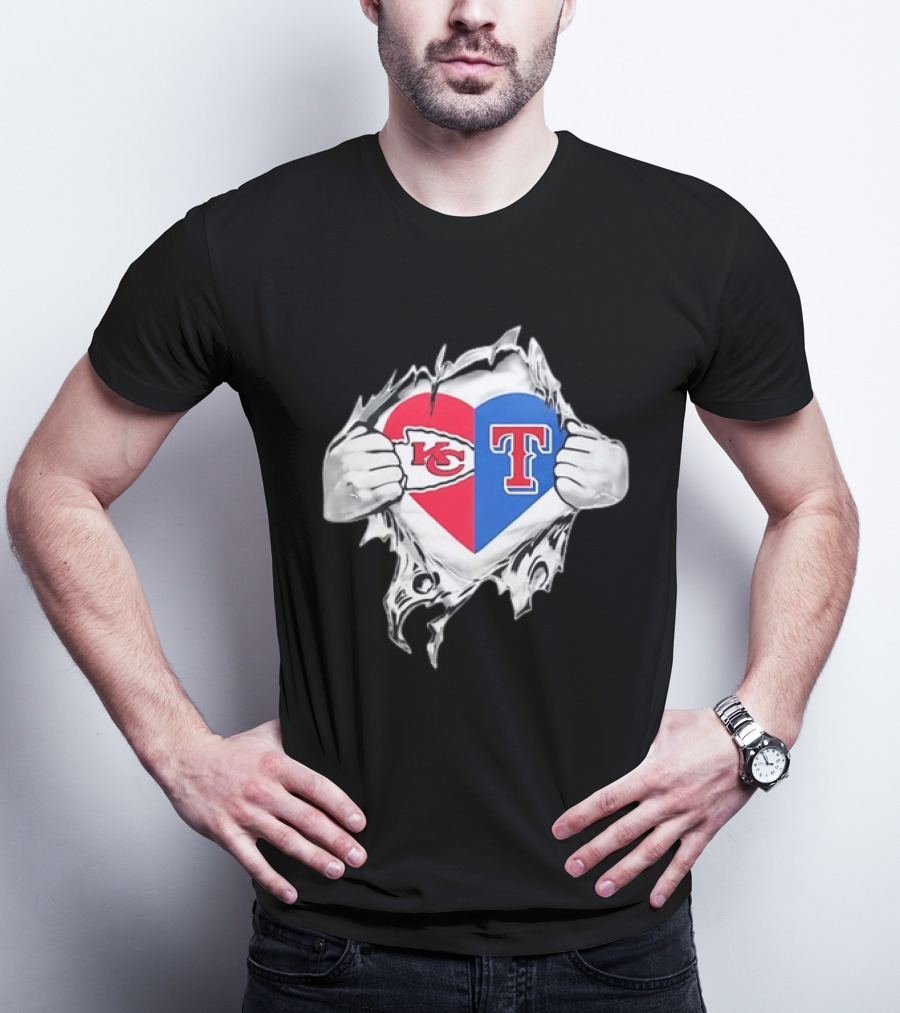 Kansas City Chiefs Texas Rangers Heart Rip Open T-Shirt