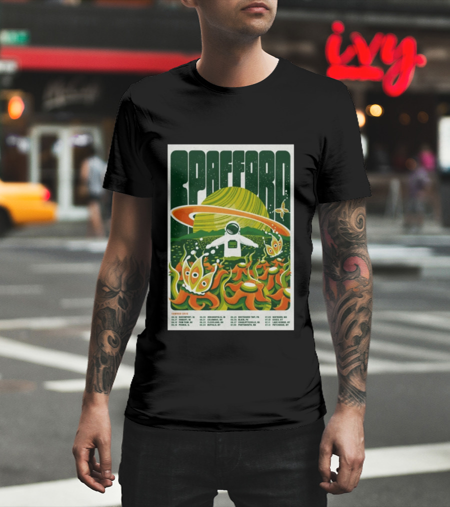 Spafford Summer Tour 26 Space Adventure Psychedelic Alien Astronaut Concert Dates And Locations T-Shirt