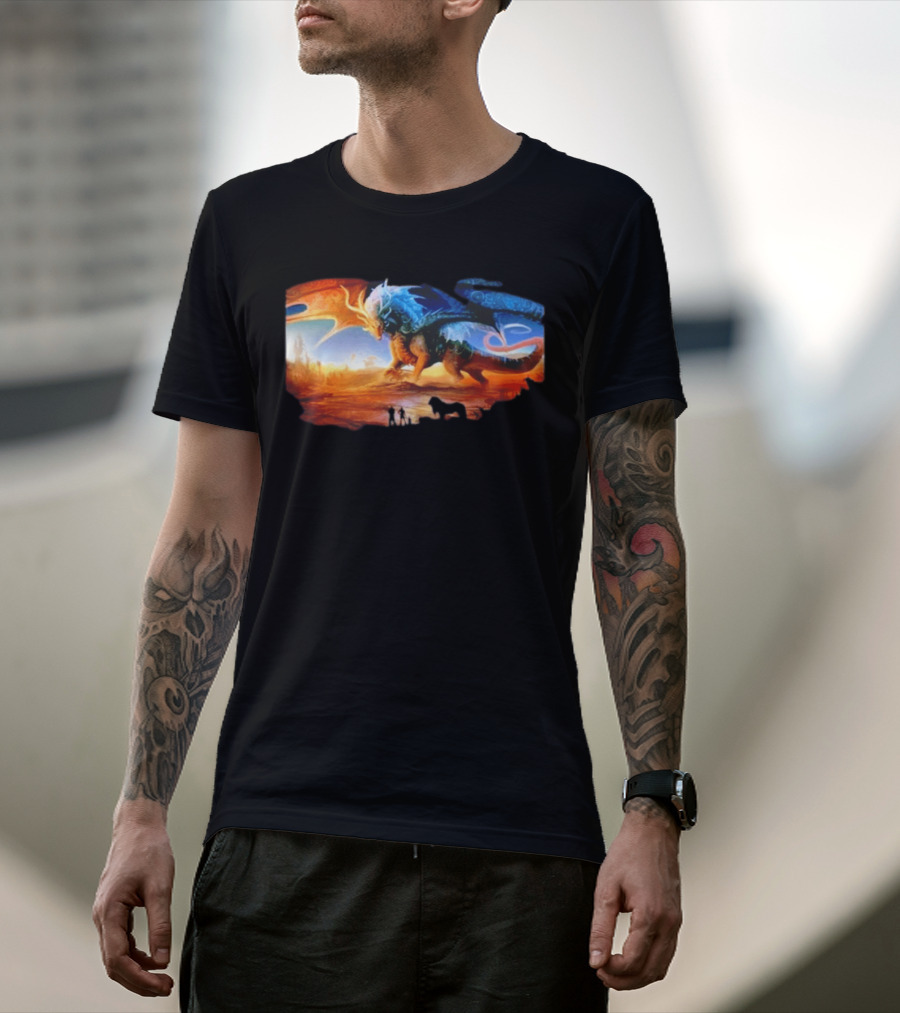 Giant Dragon In Radiant Golden Light With Blue And Orange Wings T-Shirt