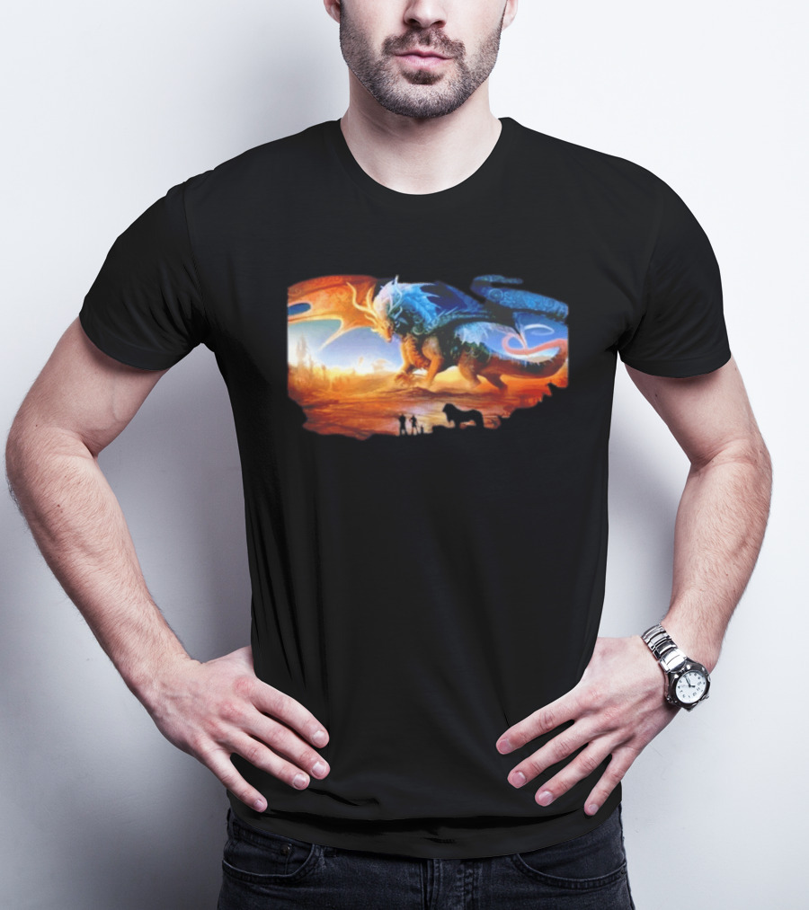 Giant Dragon In Radiant Golden Light With Blue And Orange Wings T-Shirt