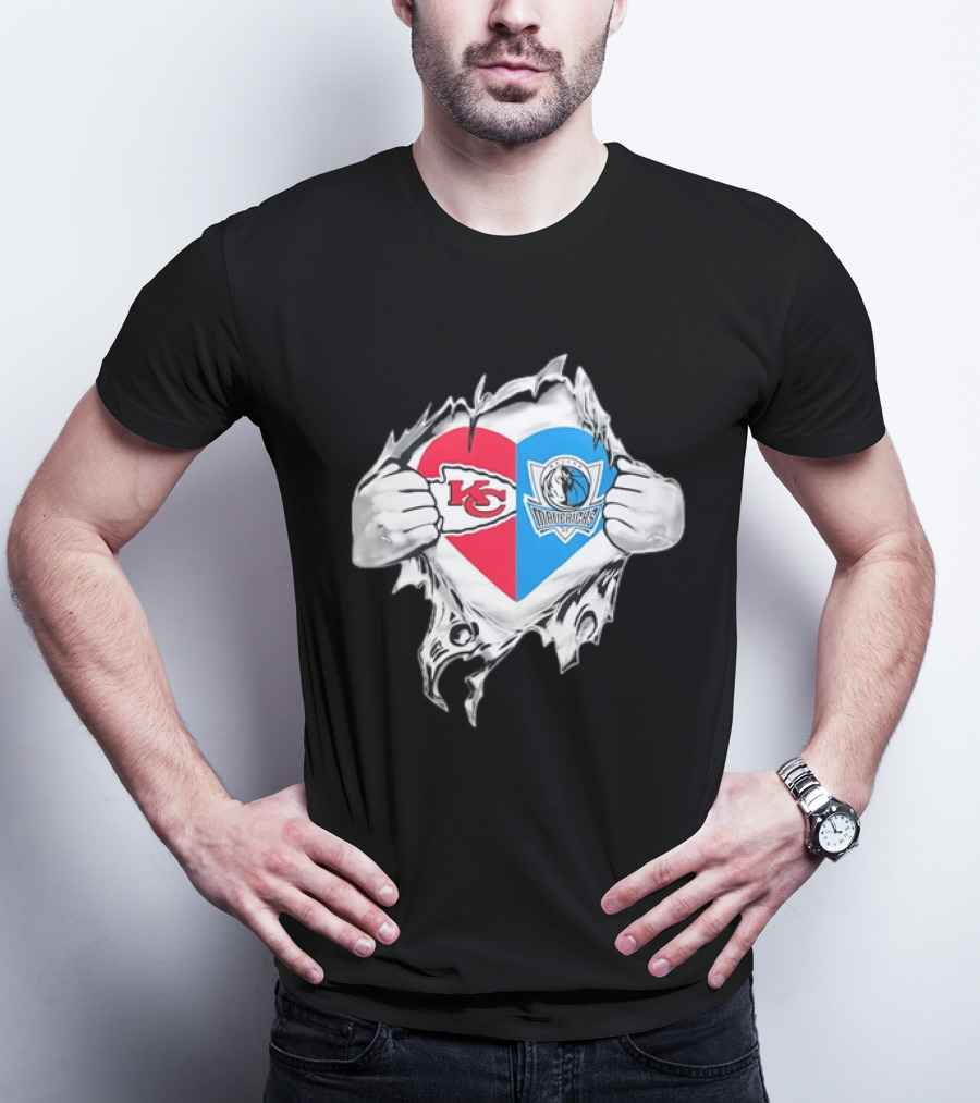 Kansas City Chiefs Dallas Mavericks Heart Ripped Open NFL NBA Crossover Fan Gear T-Shirt