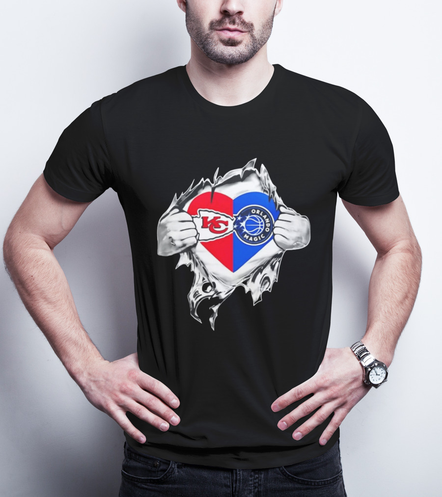 Kansas City Chiefs And Orlando Magic Heart Tear Open T-Shirt