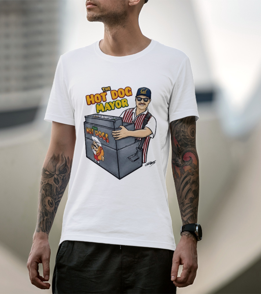 The Hot Dog Mayor Vendor With Cal Hat And Hot Dogs Cart T-Shirt