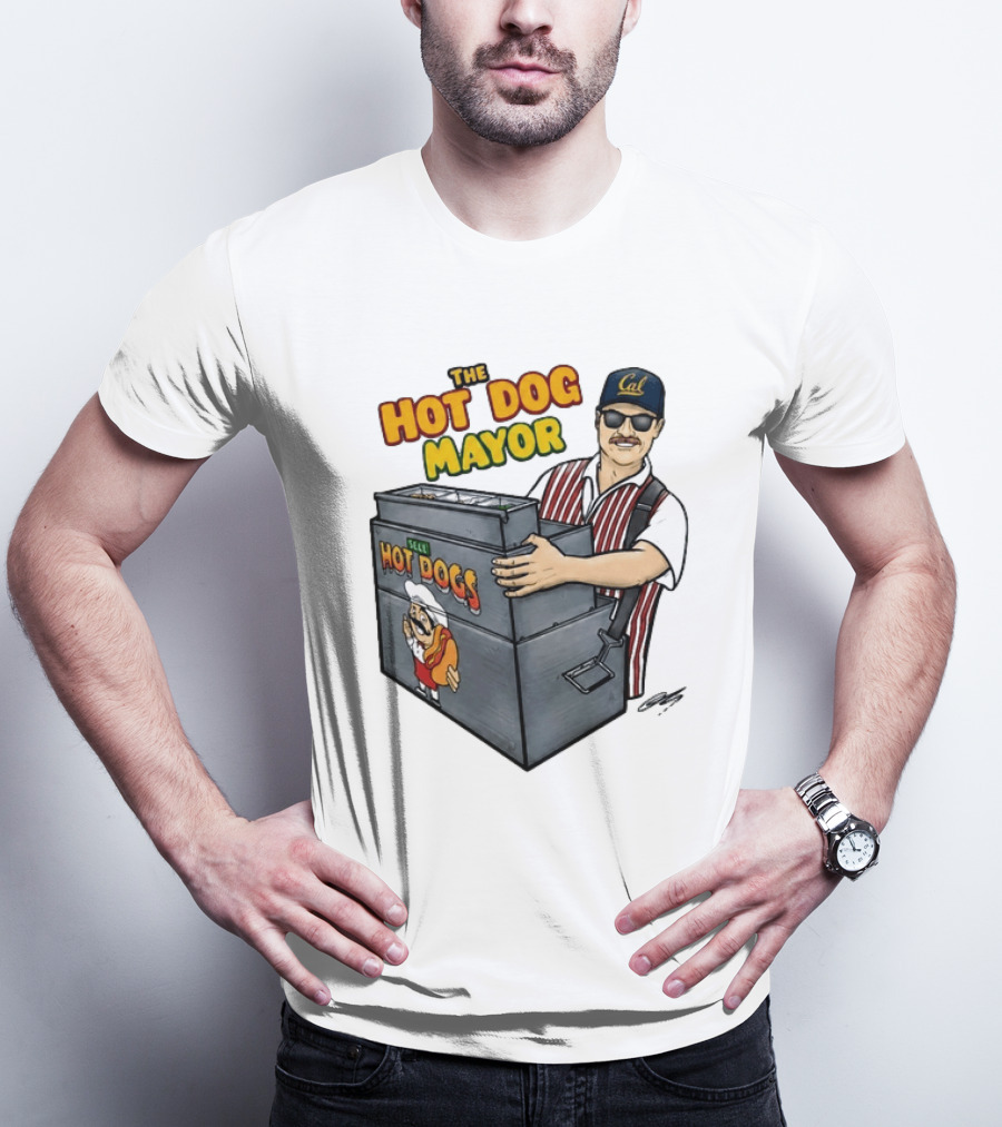 The Hot Dog Mayor Vendor With Cal Hat And Hot Dogs Cart T-Shirt
