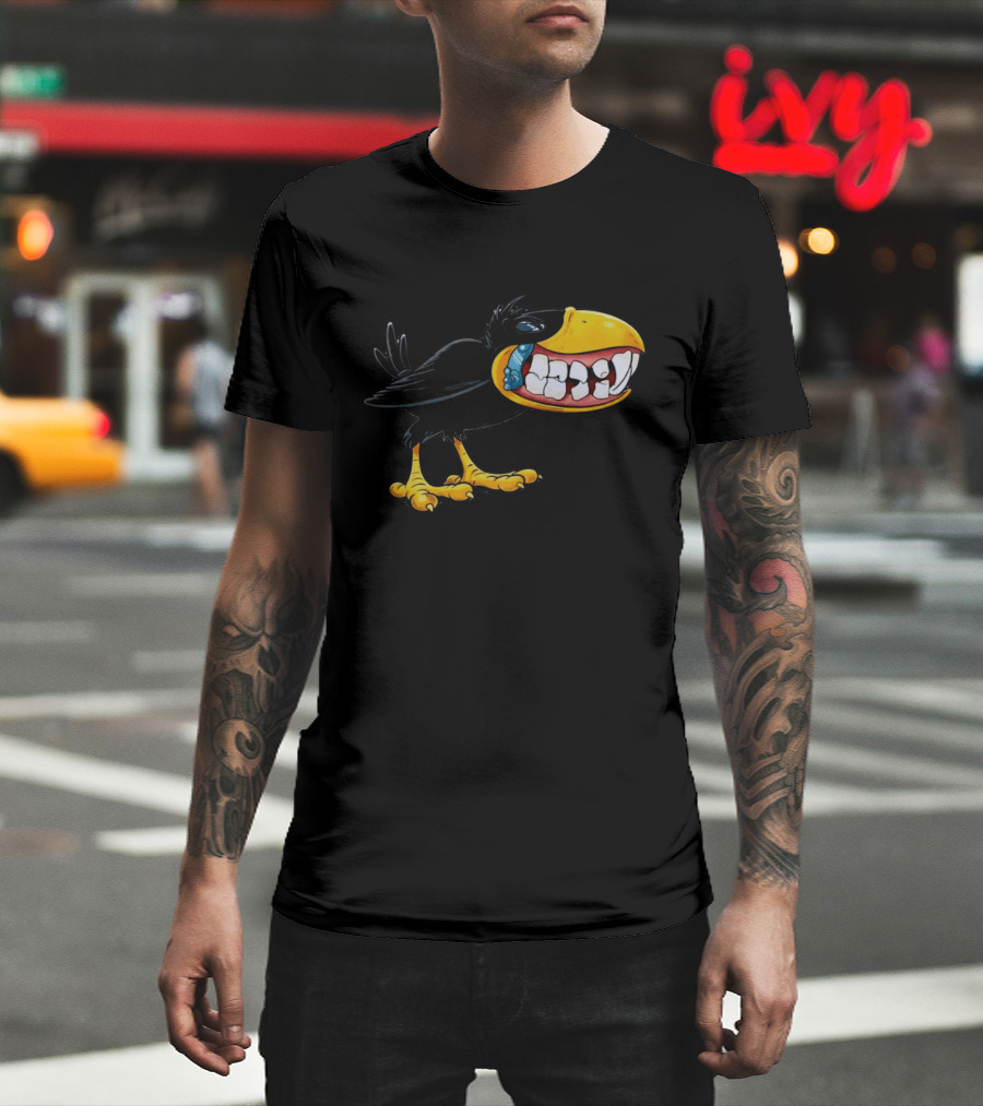 Crow With Huge Teeth Cartoon Blue Phone Green T-Shirt