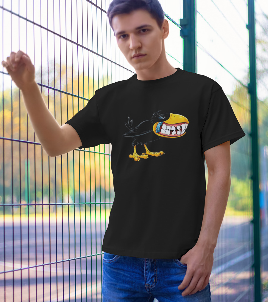 Crow With Huge Teeth Cartoon Blue Phone Green T-Shirt