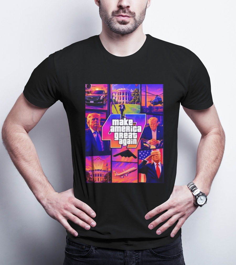 Make America Great Again GTA 47 Parody Trump White House Military Aircraft Montage T-Shirt
