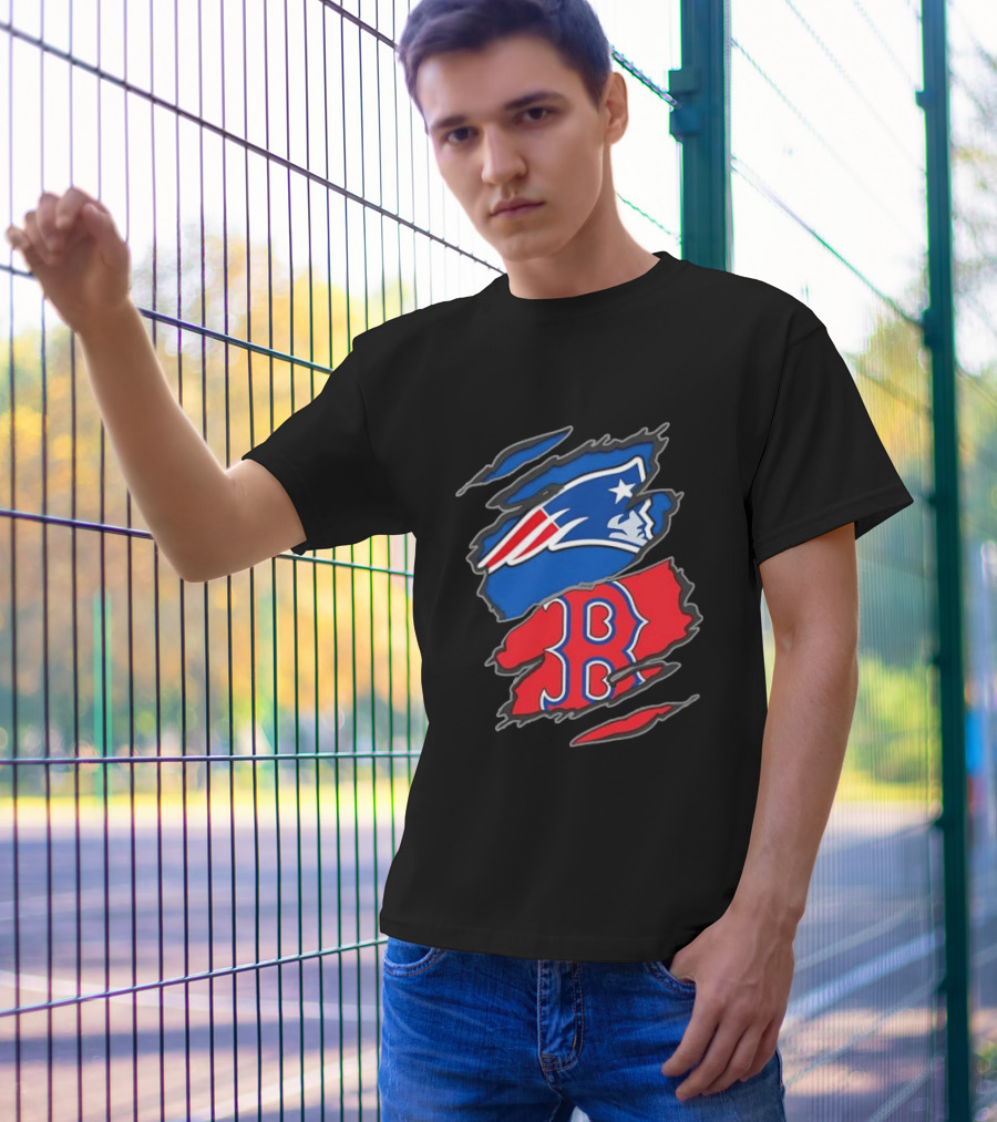 Patriots Red Sox Ripped Design New England Boston Sports Fan T-Shirt