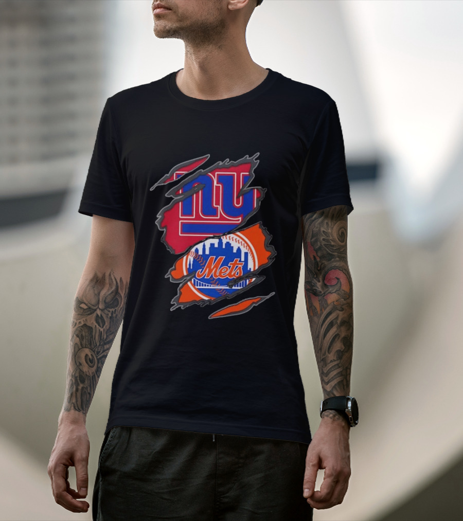 New York Giants New York Mets Ripped Reveal Football Baseball T-Shirt