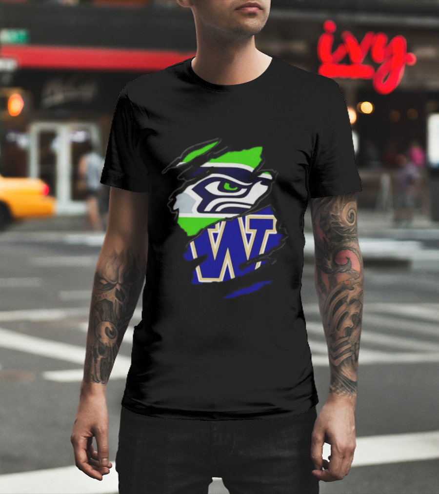 Seattle Seahawks Washington Huskies Ripped Through Logos T-Shirt