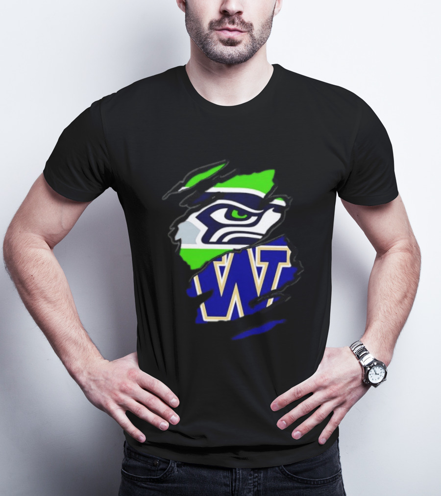 Seattle Seahawks Washington Huskies Ripped Through Logos T-Shirt