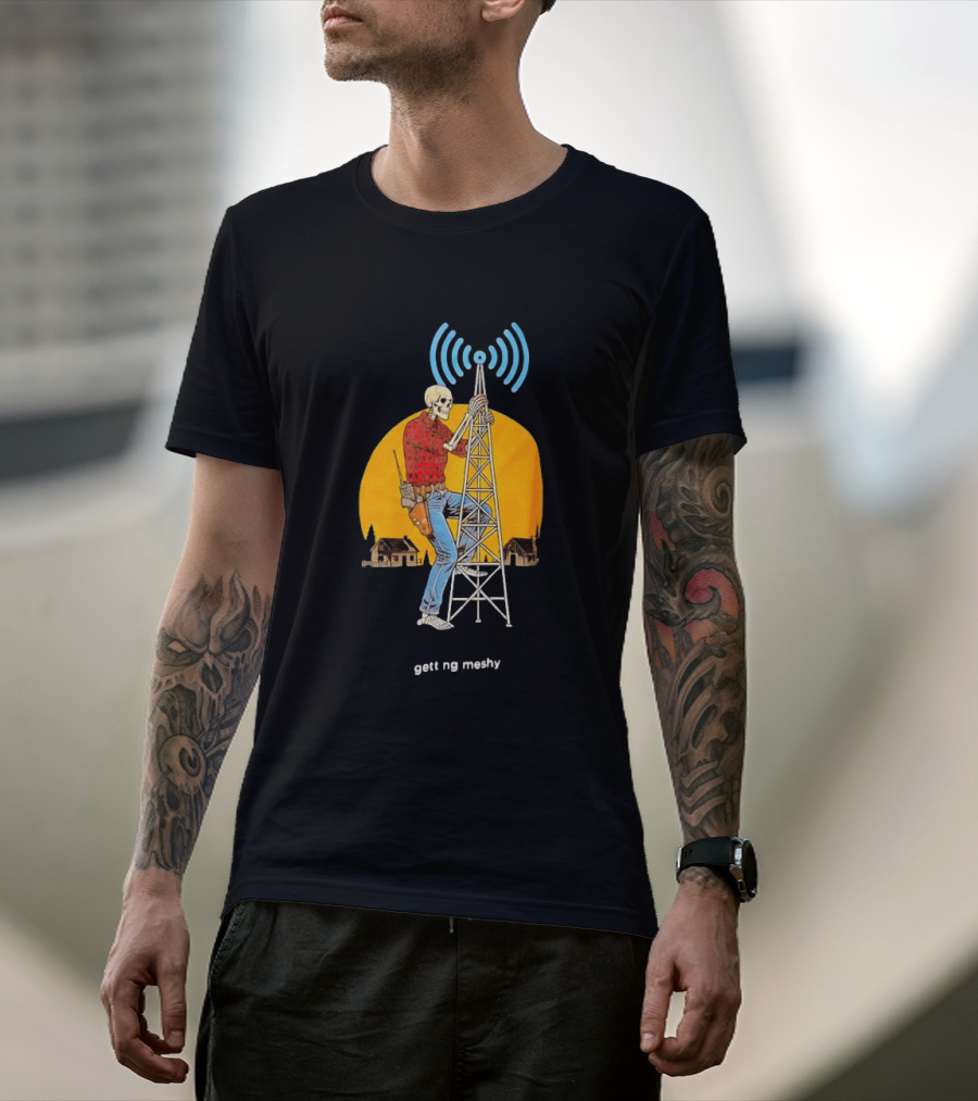 Skeleton Climbing Tower With Radio Waves Retro Scene T-Shirt