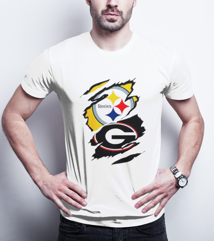 Pittsburgh Steelers Georgia Bulldogs NCAA Football Ripped Torn Effect T-Shirt