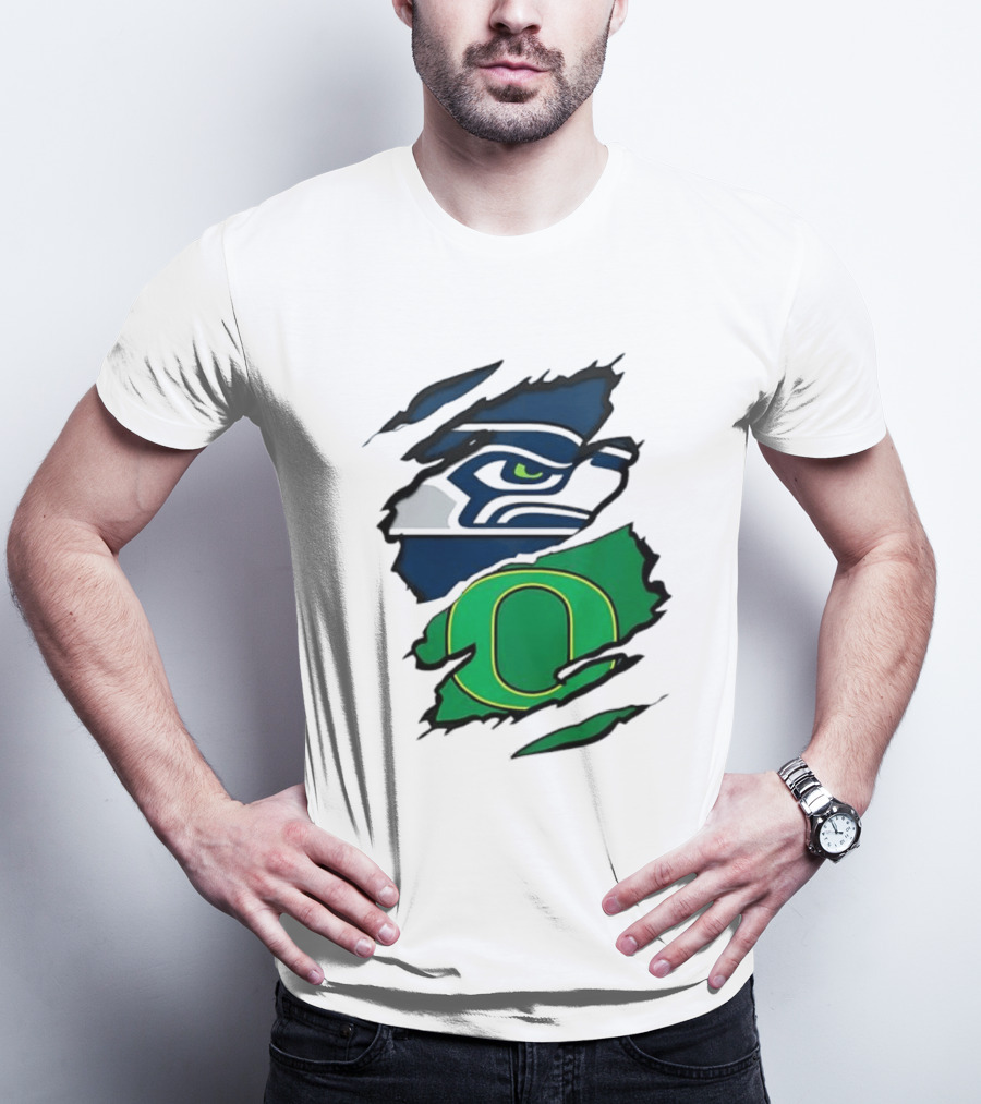 Seattle Seahawks Oregon Ducks Ripped Skin Effect NFL College Team Spirit T-Shirt