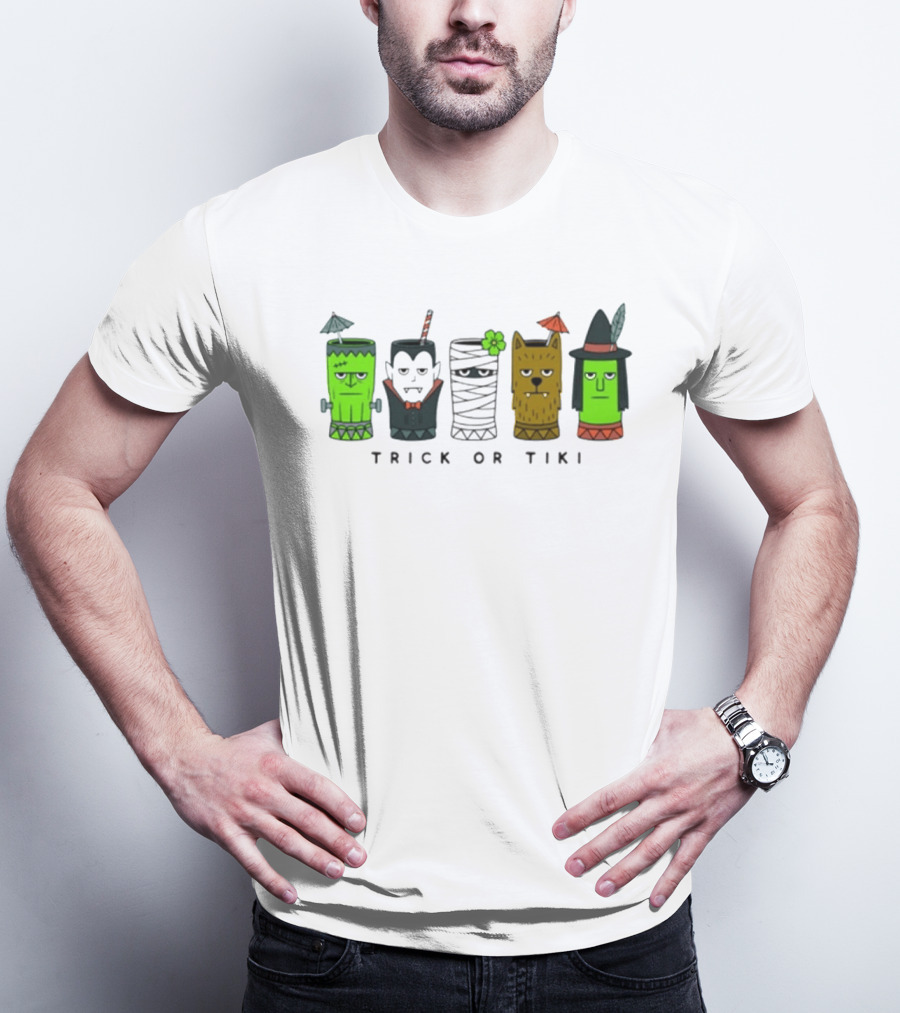 Trick Or Tiki Frankenstein Vampire Mummy Werewolf Witch Halloween T-Shirt