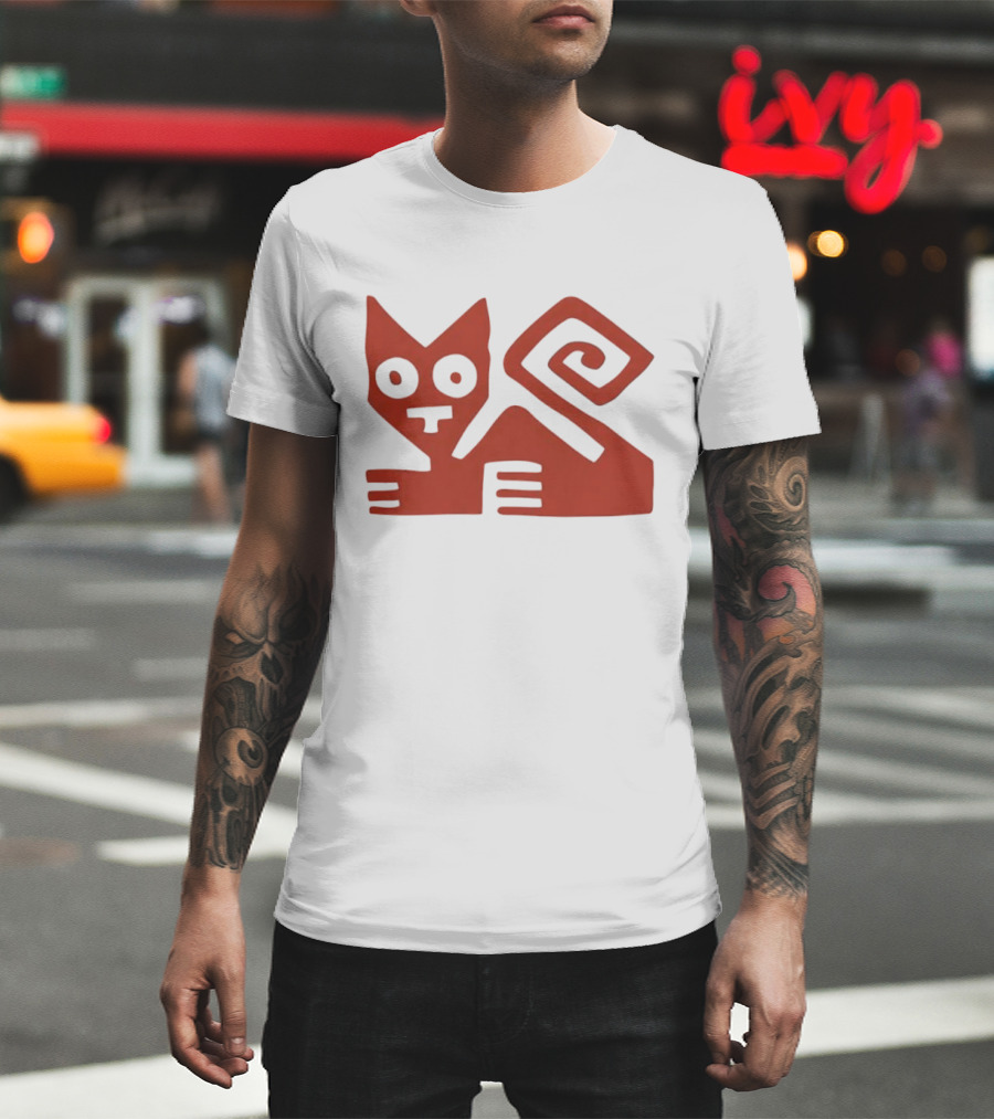 Peruvian Cat Nazca Lines Style Geometric Red T-Shirt
