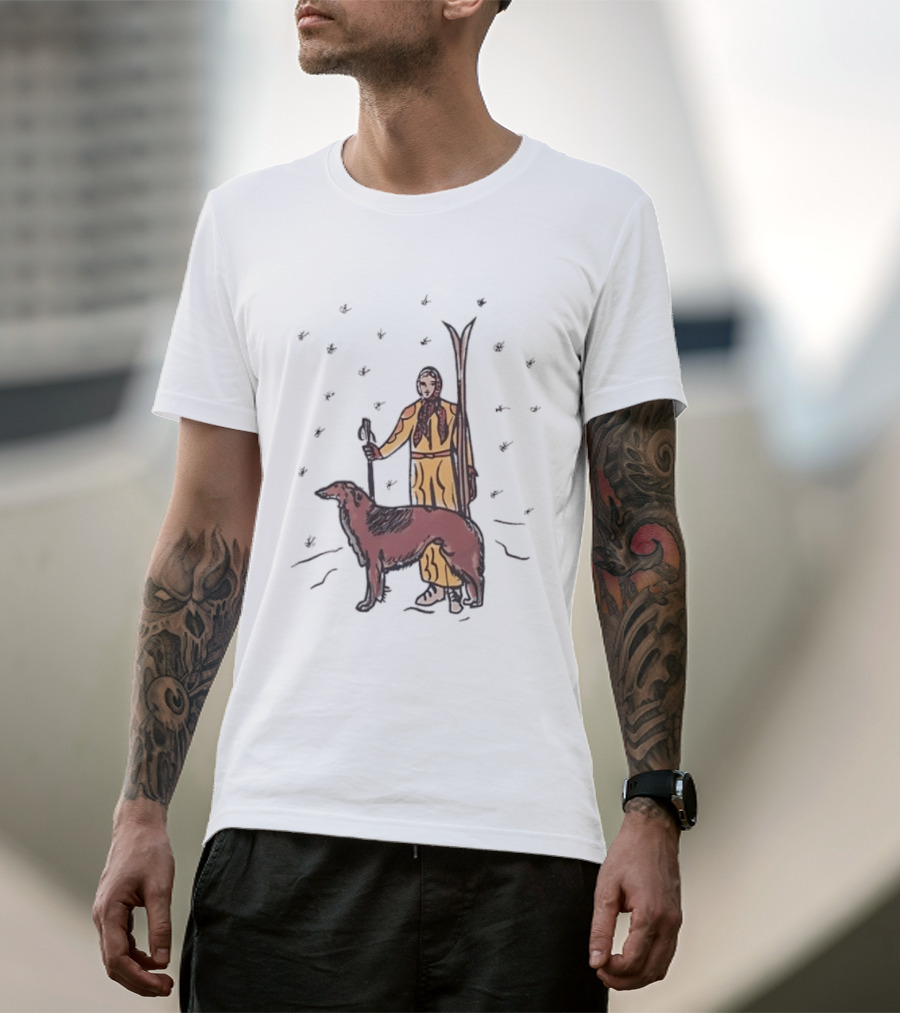 Woman Skiing With Borzoi Dog In Winter Sports Scene T-Shirt