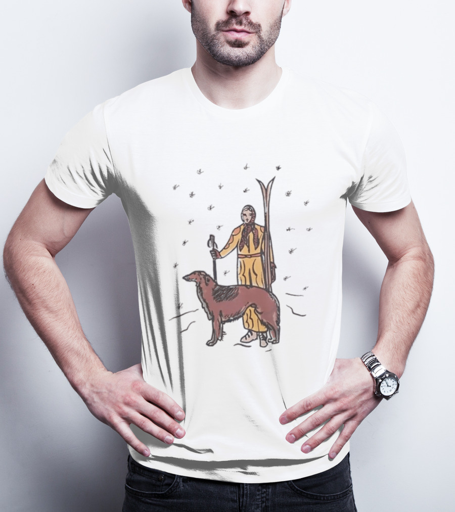 Woman Skiing With Borzoi Dog In Winter Sports Scene T-Shirt