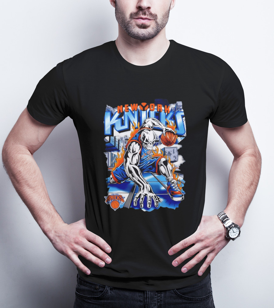 New York Knicks NBA Basketball Skull Player And City Flames T-Shirt