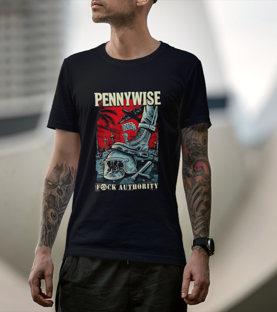Pennywise Fock Authority Land Of The Free Forever Dystopian Punk Imagery With Boot And Helmet T-Shirt