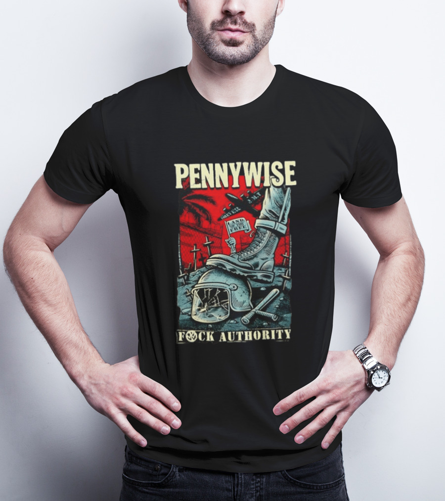 Pennywise Fock Authority Land Of The Free Forever Dystopian Punk Imagery With Boot And Helmet T-Shirt