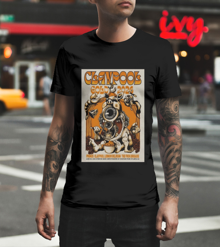 Les Claypool Gold 2026 Primus Delirium Frog Brigade June 20 Synovus Bank Amphitheater Atlanta T-Shirt