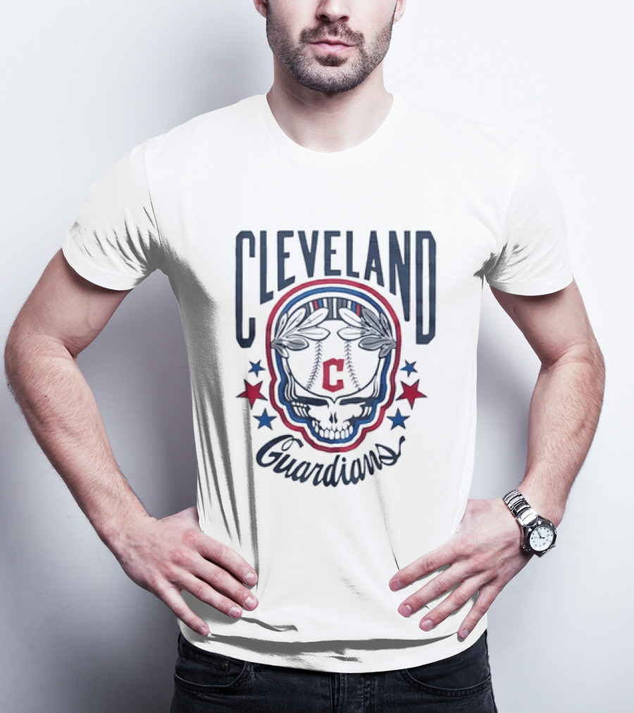 Cleveland Guardians Skull Baseball Laurel Wreath Stars T-Shirt