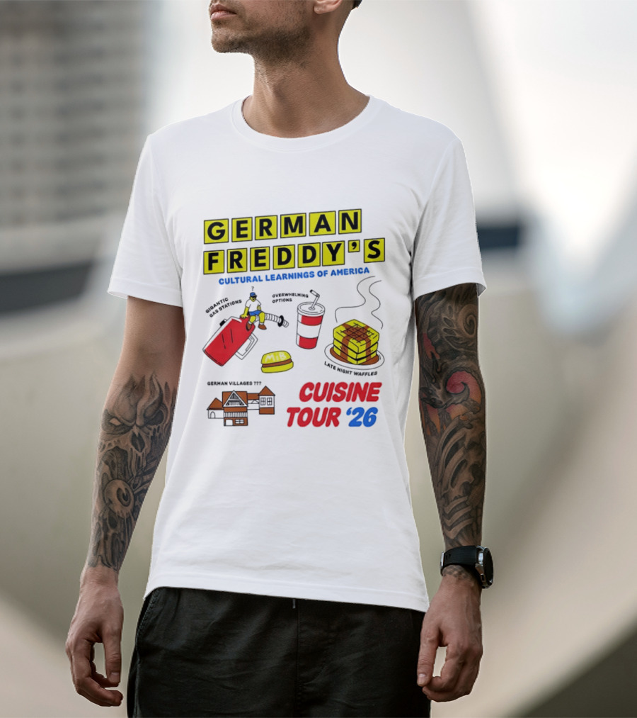 German Freddy's Cultural Learnings Of America Cuisine Tour '26 Village Fest Waffle Burger Soda T-Shirt
