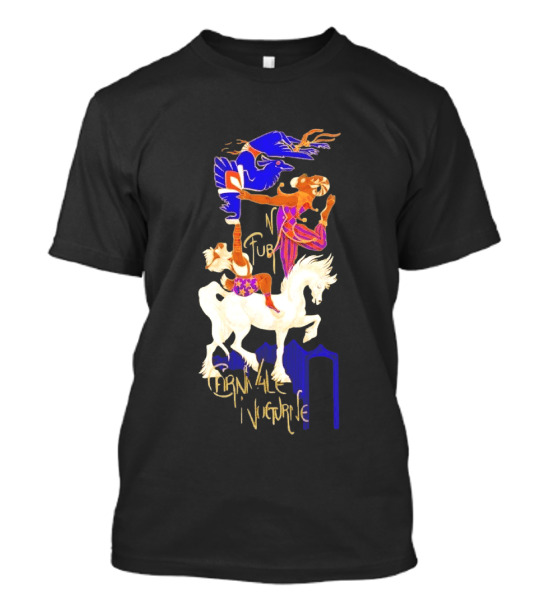 Carnivale Nocturne Jester And Horse With Vibrant Circus Animal And Bird T-Shirt