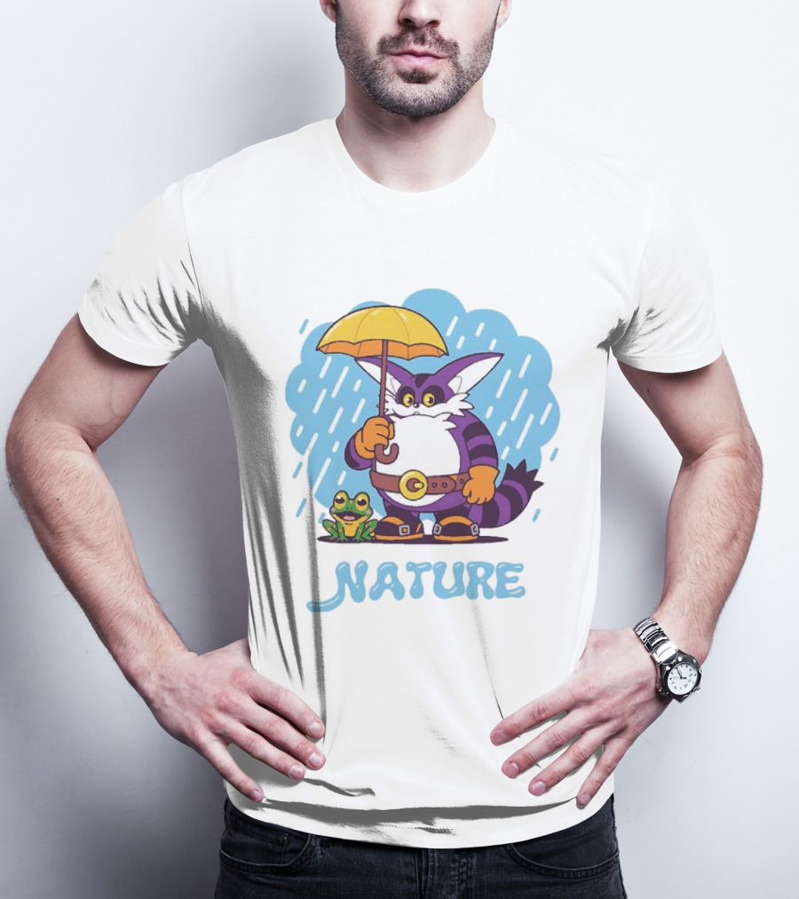 Big The Cat Froggy Nature Holding Umbrella In Rain T-Shirt