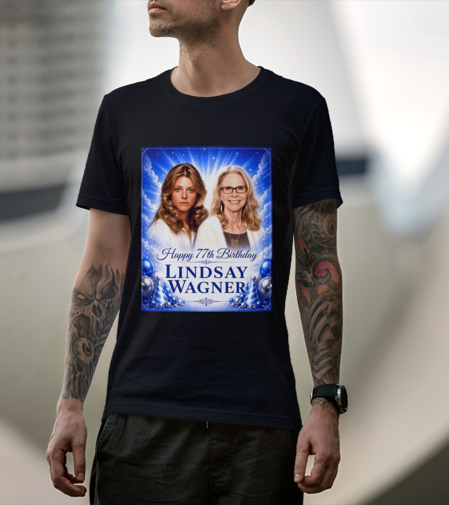 Happy 77th Birthday Celebration Lindsay Wagner Blue Party Balloons T-Shirt