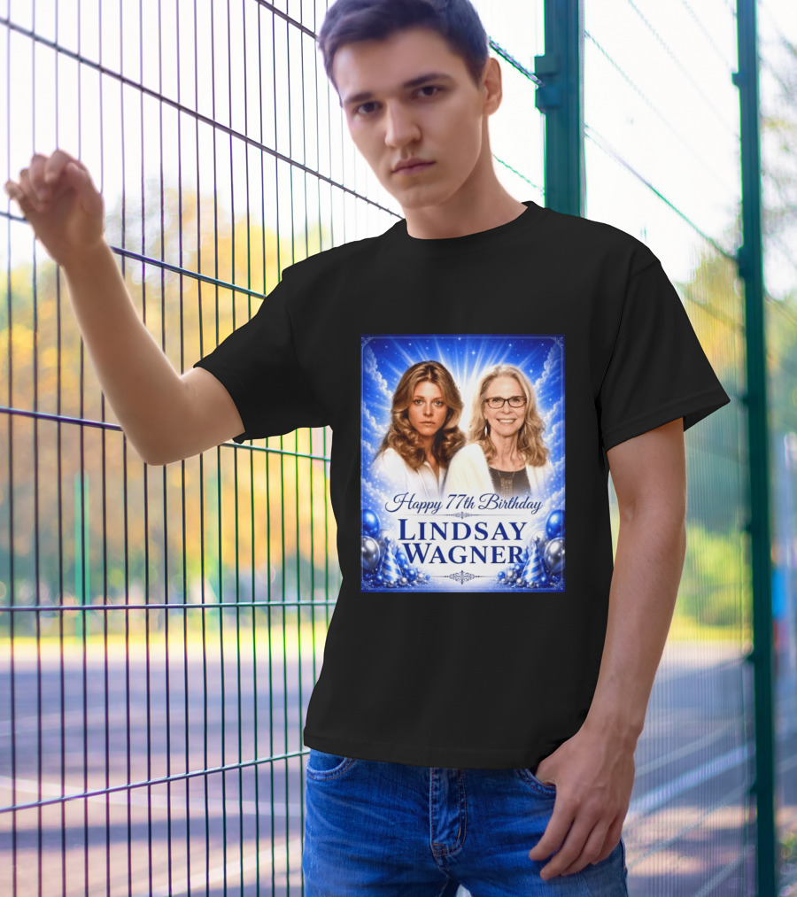 Happy 77th Birthday Celebration Lindsay Wagner Blue Party Balloons T-Shirt