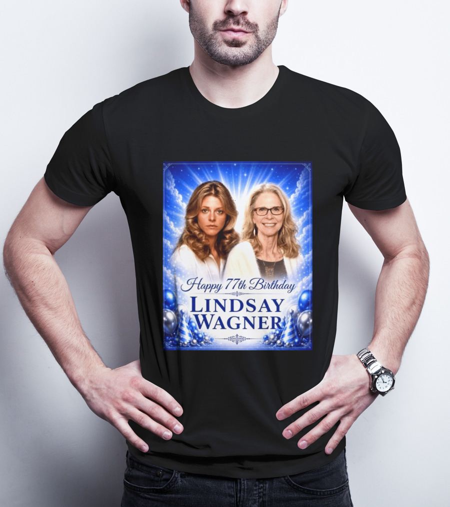 Happy 77th Birthday Celebration Lindsay Wagner Blue Party Balloons T-Shirt
