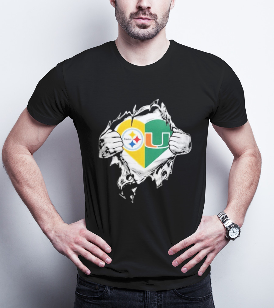Steelers Miami Hurricanes Heart In My DNA Hands Football Fan Pride T-Shirt