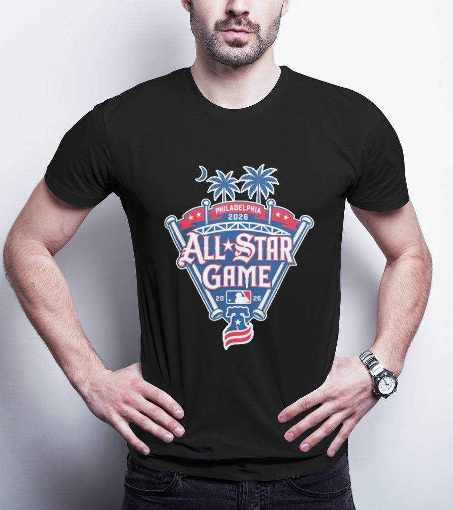 MLB All Star Game Philadelphia 2026 Palm Trees Baseball Bat Logo Night Skyline T-Shirt