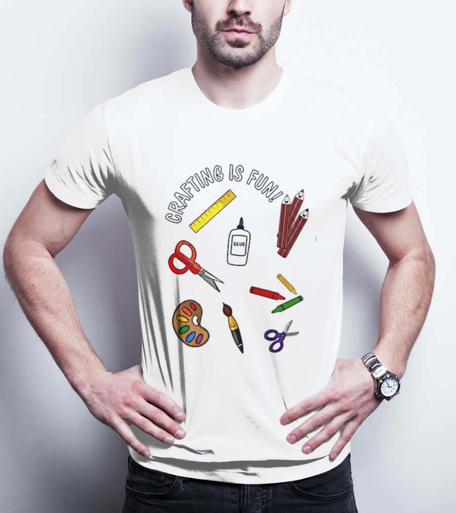 Crafting Is Fun Supplies Scissors Glue Paintbrush Crayons Palette Ruler T-Shirt
