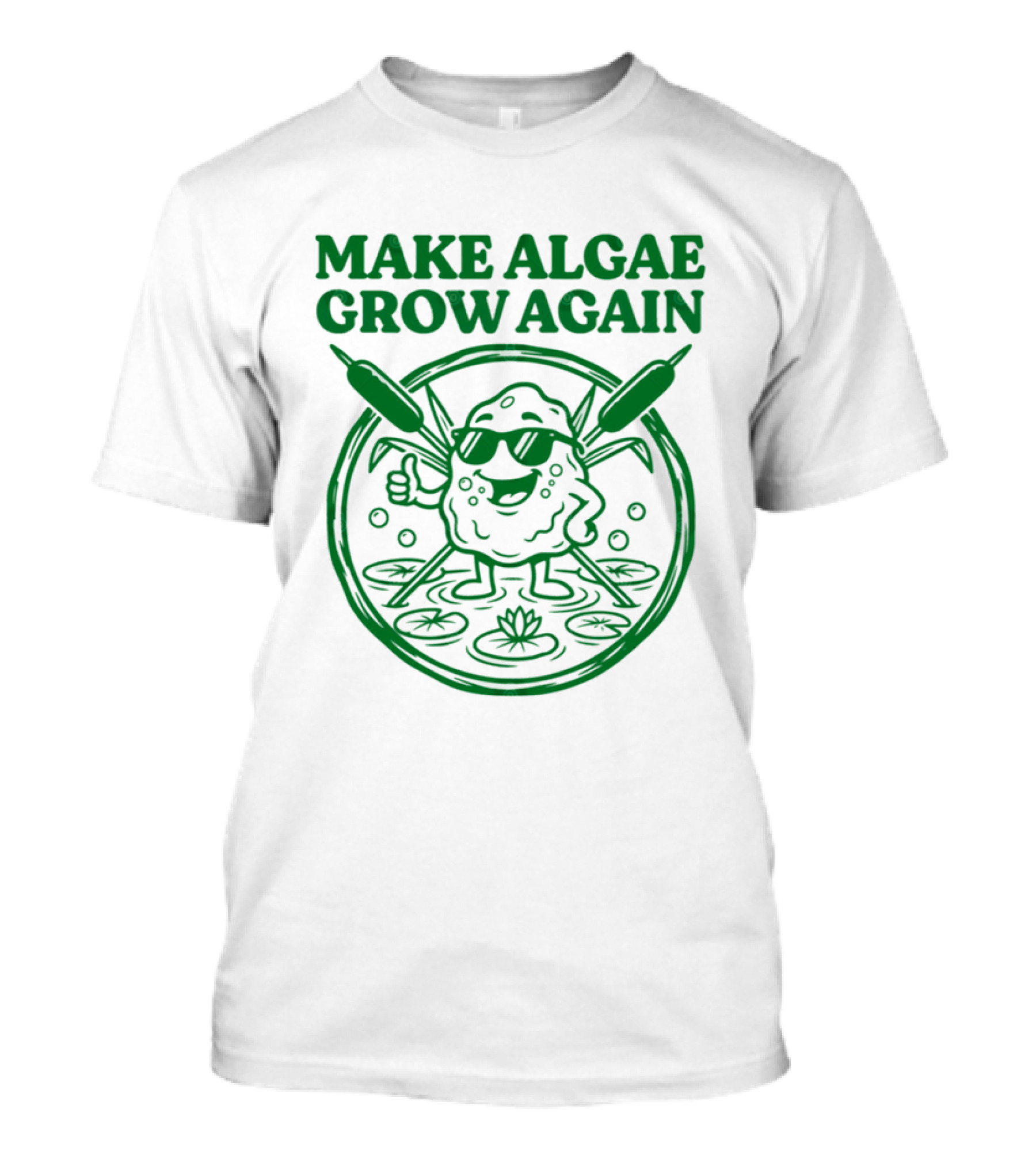 MAKE ALGAE GROW AGAIN Cartoon Thumbs Up With Sunglasses And Cattails Circular Frame T-Shirt