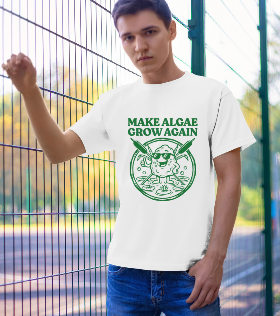 MAKE ALGAE GROW AGAIN Cartoon Thumbs Up With Sunglasses And Cattails Circular Frame T-Shirt