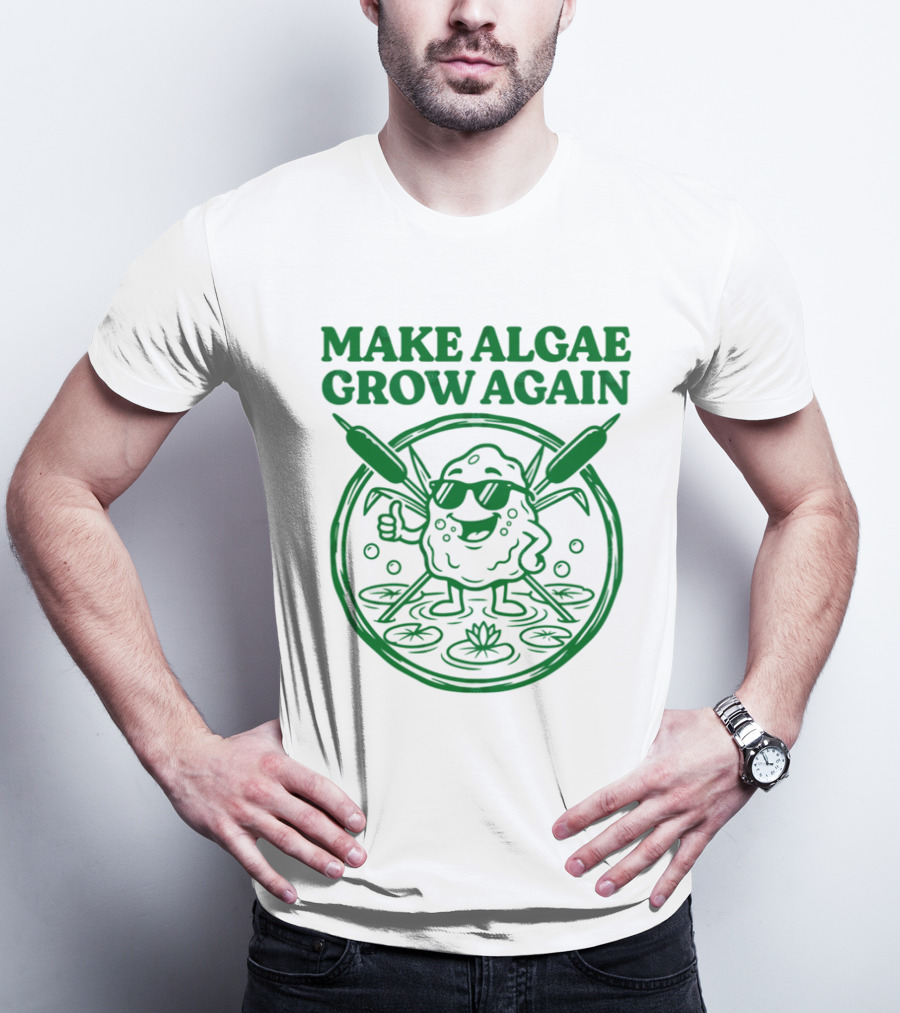 MAKE ALGAE GROW AGAIN Cartoon Thumbs Up With Sunglasses And Cattails Circular Frame T-Shirt