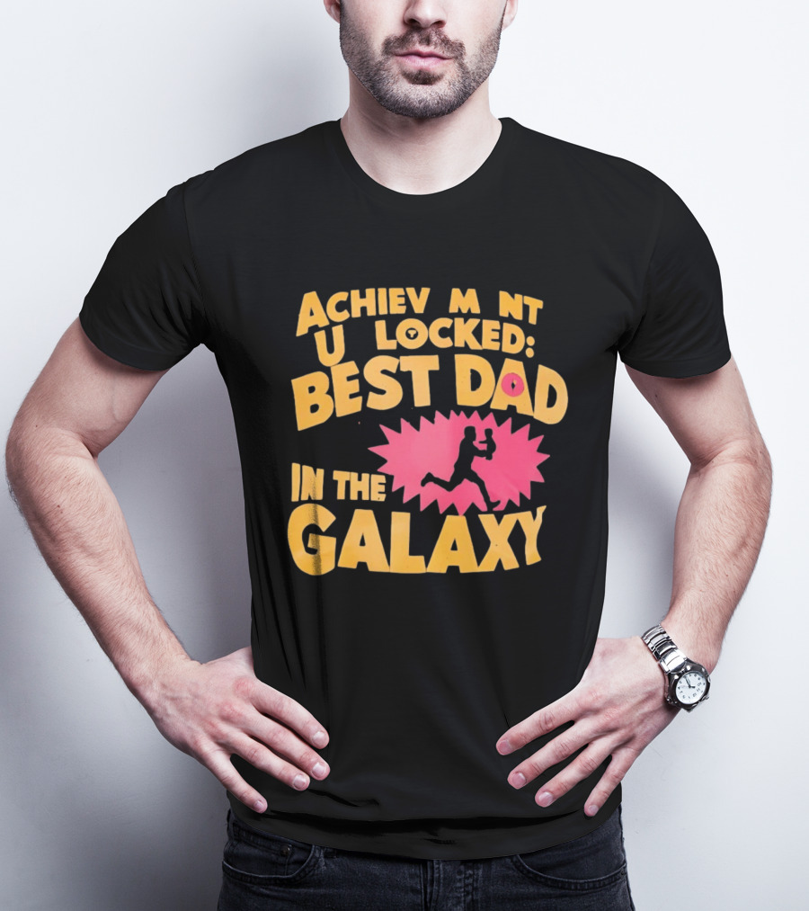 Achievement Unlocked Best Dad In The Galaxy Running With Child T-Shirt