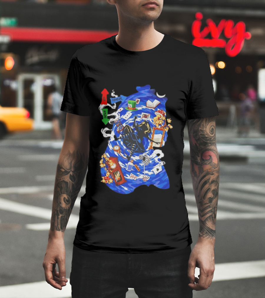 Alice In Wonderland Through The Rabbit Hole Down Yonder With Wonderland Icons And Vortex T-Shirt