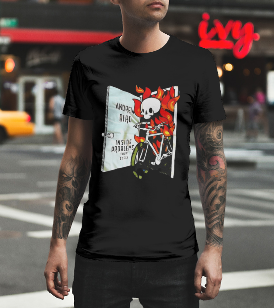 Andrew Bird Inside Problems Tour 2023 Flaming Skeleton On Bicycle T-Shirt